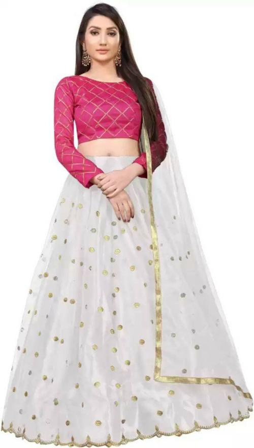 Buy Vajiba Women Pink, White Self Design Net Semi Stitched Lehenga ...