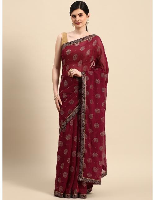 Buy Indian Women Women ZomatoGlitter Fabric Wine Color Saree With ...