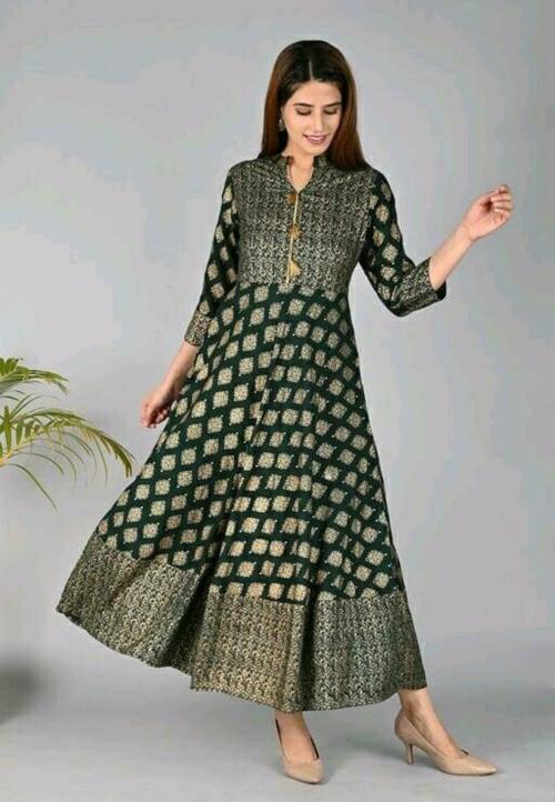 Buy Sa Rasa Women Dark Green and Gold Printed Viscose Rayon Anarkali ...