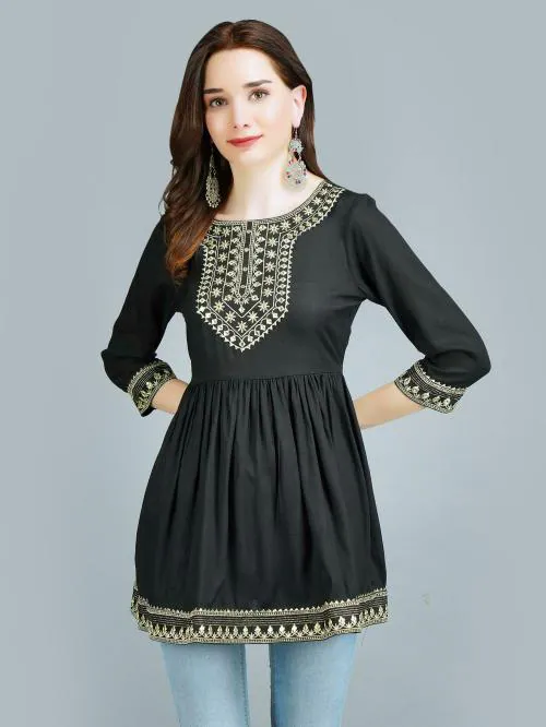 Buy Dhabhai Women Black Embroidered Rayon Top (S) Online at Best Prices ...