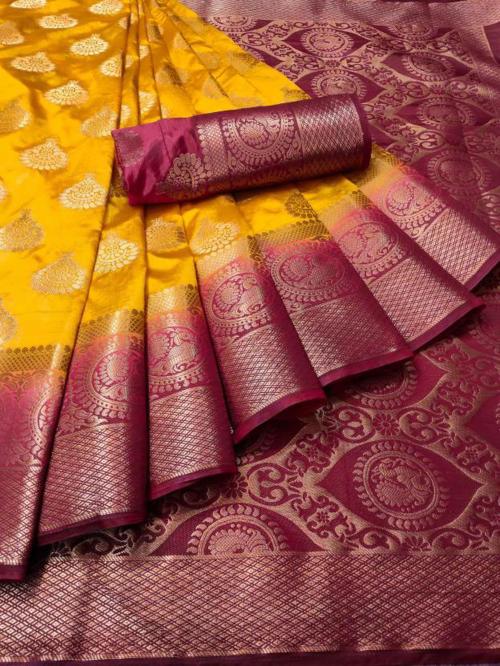 Buy Mansh the stylo..Women Yellow Woven Nylon Banarasi Saree Online at ...