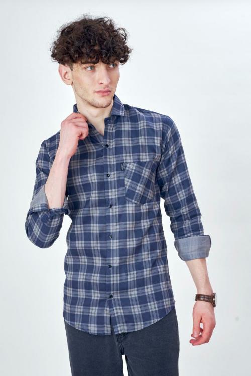 Buy somore Men Cotton Blend Dark Blue Slim Checkered Full Sleeve Shirt ...