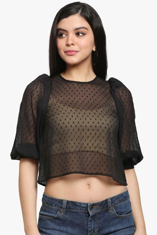 Buy PRETTY LOVING THING Women's Black Sheer Crop Top Online at Best ...