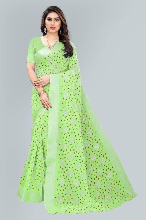 Buy sareya veela Bollywood Women Light Green Printed Cotton Blend ...