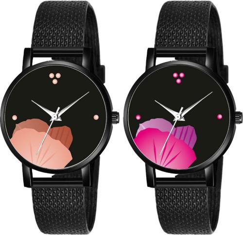 TWIXY Analog Peach with Pink Dial Black Strap Watch for Women (pack of ...