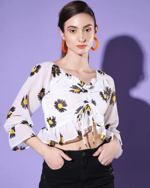 Buy BuyNewTrend White Red Flower Printed Georgette Crop Top | top for ...