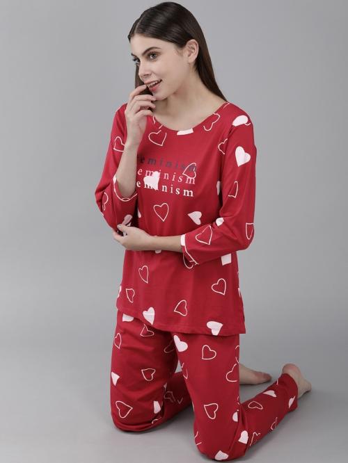 Buy ZEYO Women's Cotton Heart Printed Red Night Suit Set of Top ...
