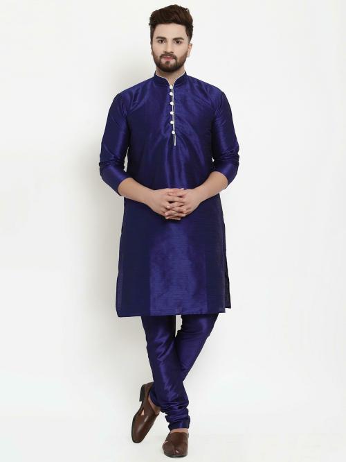 Buy Benstoke Men's Royal Blue Kurta With Pyjama & Black Self Design ...