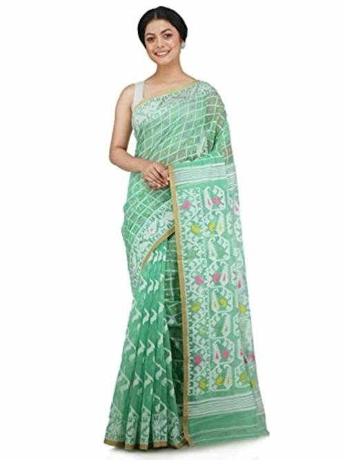 Buy PinkLoom Women Light Green Solid Soft Cotton Jamdani Saree without Blouse Piece Online at ...