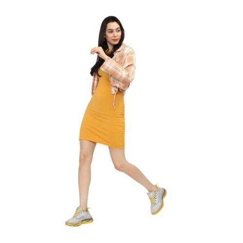 Buy Axelus Women Yellow Lycra Blend Sleeveless Mini Dress Online at ...