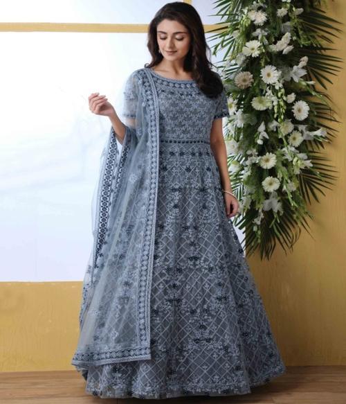 Buy Sitaram designer Embroidered Net Semi Stitched Anarkali Gown (Grey ...