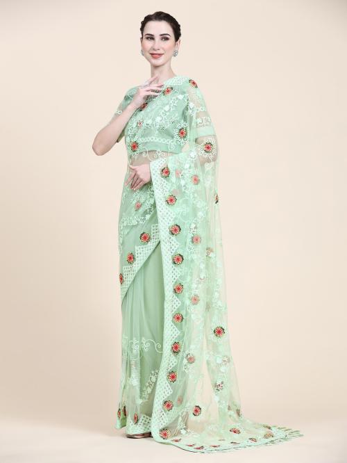 Buy IrisTheStudio Women Light Green Net Embroidered Bollywood Saree ...