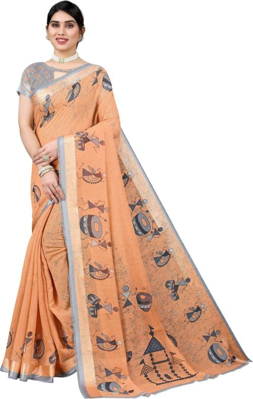 PRIYASHI Women Orange Printed Linen Bollywood Saree - JioMart