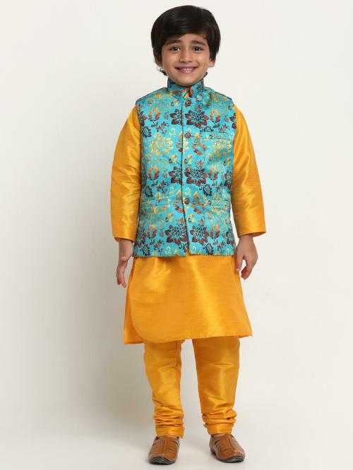 Buy Benstoke Boys Yellow & Sea Green Floral Silk Blend Kurta Pyjama Set ...