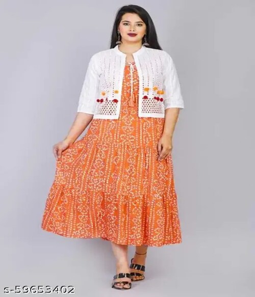Buy Diyansh Creations Bandhej Kurtis with Schiffli Jacket-Size-L-Orange ...