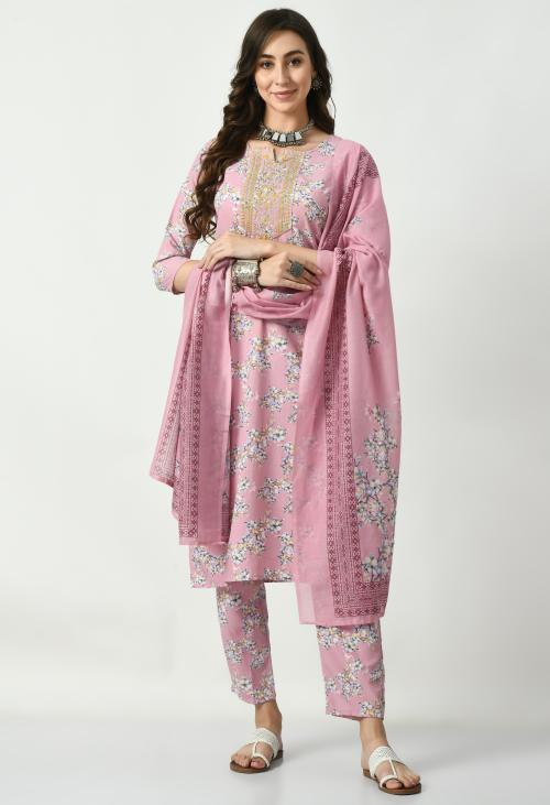 Buy S MAJIDA Pink Floral Printed Kurta set for Women with Dupatta with ...