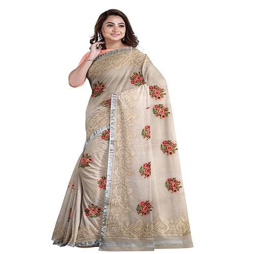 Buy SARIKA Women's Pure Resham Floral Embroidery Design Saree (Beige ...
