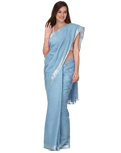 Buy Radiant Fashion Women Uranin Blue Linen Slub Saree With Running ...