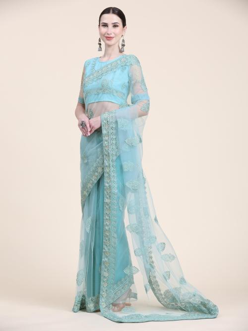 Buy IrisTheStudio Women Light Blue Net Embroidered Bollywood Saree ...