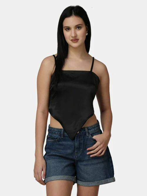 Buy Popwings Women Casual Black Satin Scarf Knot Solid Crop Top | Tops for Women | Tops For ...