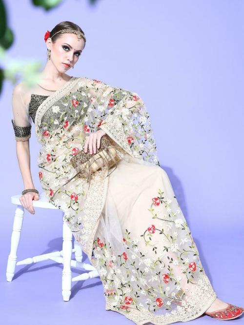 Buy Chhabra 555 Cream Multi Color Resham Embroidered Contemporary Tulle ...