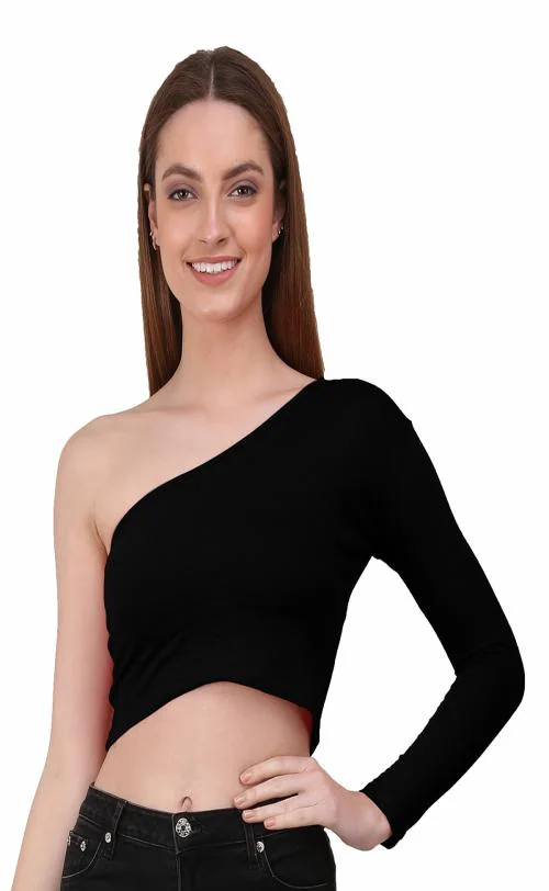 Buy THE BLAZZE Women's Black Solid Off Shoulder Neck Full Sleeve Top ...