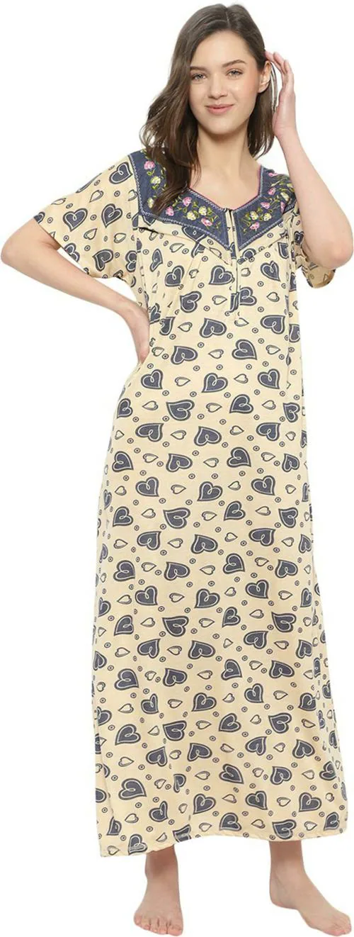 Buy Zionity Women Beige Printed Pure Cotton Nighty (L) Online at Best ...