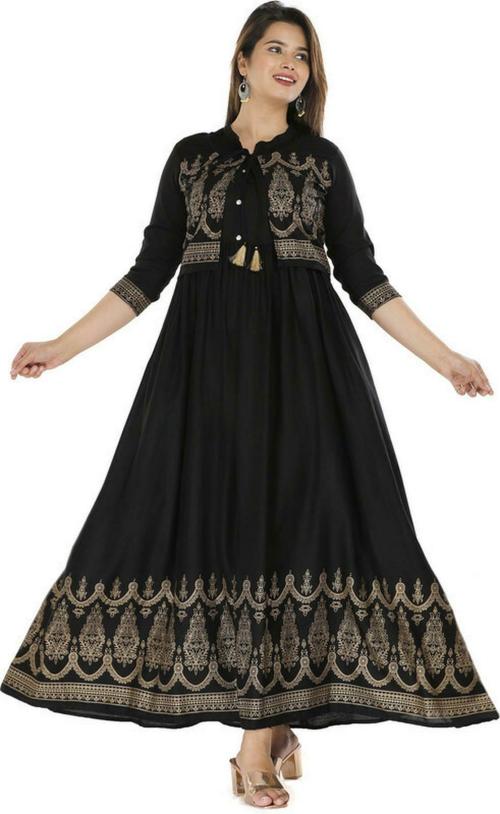 Buy Sa Rasa Women Black Printed Viscose Rayon Anarkali Kurta Online at ...