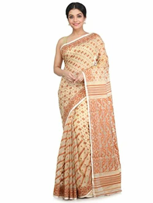 Buy PinkLoom Women Beige Woven Pure Cotton Jamdani Saree without Blouse Piece Online at Best ...