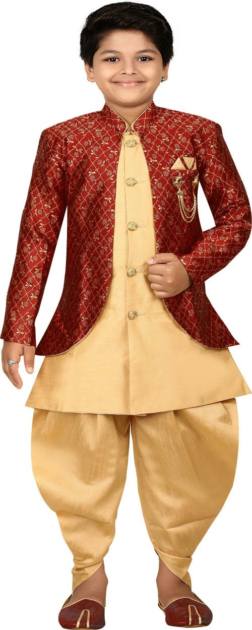 Buy Ahhaaaa Boys Maroon Full Sleeve Silk Blend Self Design Ethnic Jacket Kurta and Dhoti Pant ...