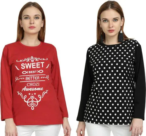 CHOZI Women Black, Red Polka Print Cotton Blend Pack of 2 T-Shirt - JioMart