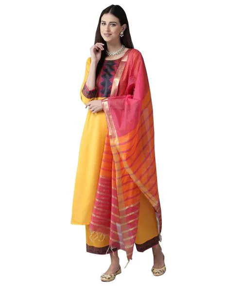 Buy Helwin Designer Women Yellow Printed Cotton Regular Straight Kurta ...
