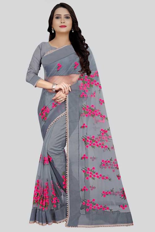 Buy N V Patel Women Grey Embroidered Net Bollywood Saree Online at Best ...
