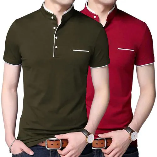 Buy GulGuli Stylish and Handsome Mandarin Collar Half Sleeve T Shirt ...