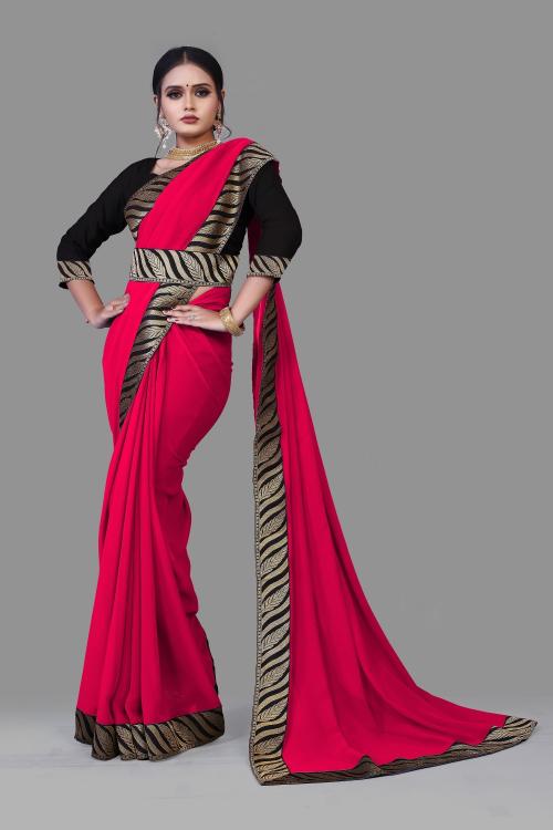 Buy TANSKIN Women's New Pettern Faux Georgette Solid Contrast Lace ...