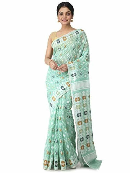 Buy PinkLoom Women Light Green Woven Cotton Jamdani Saree without Blouse Piece Online at Best ...