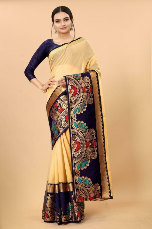 Buy Febo Fashion Women Cream Woven Design Pure Cotton Single Saree ...