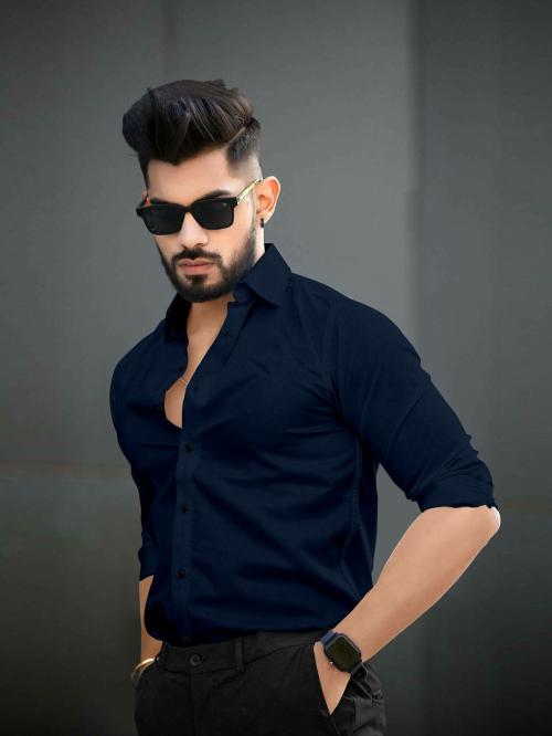 Buy MAMERU Men Dark Blue Solid Cotton Blend Full Sleeve Cutaway Collar ...