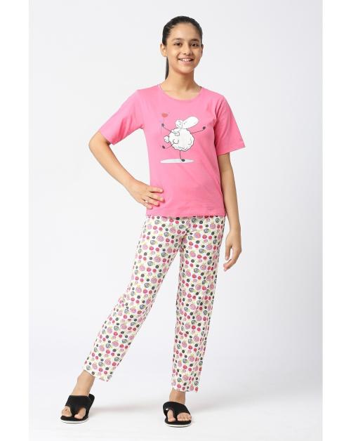 Buy SINI MINI Girls Big Sleeve With Round Neck Top & Aop pant MPink ...