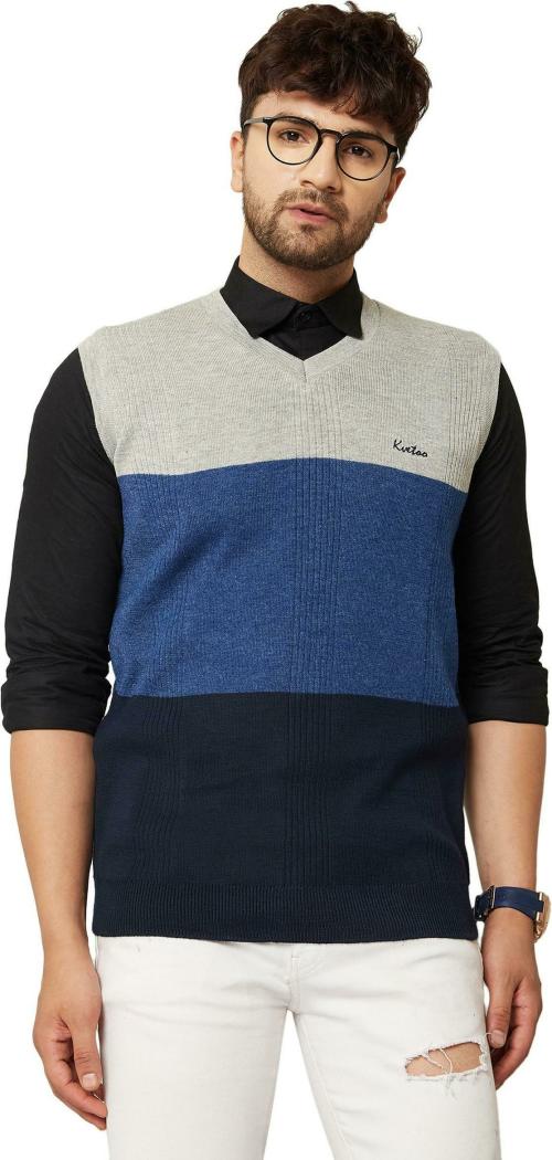 Buy KVETOO Men Solid V Neck Blue, Grey Sweater Online at Best Prices in ...
