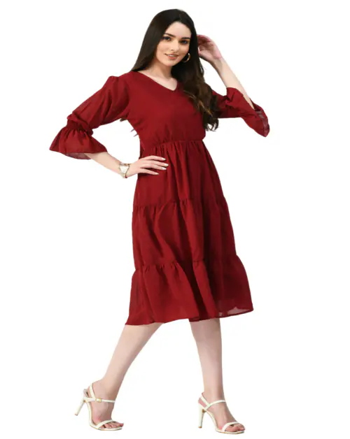 Buy Altiven Western Dresses 3/4 Sleeve for Women V Neck Maroon Color ...