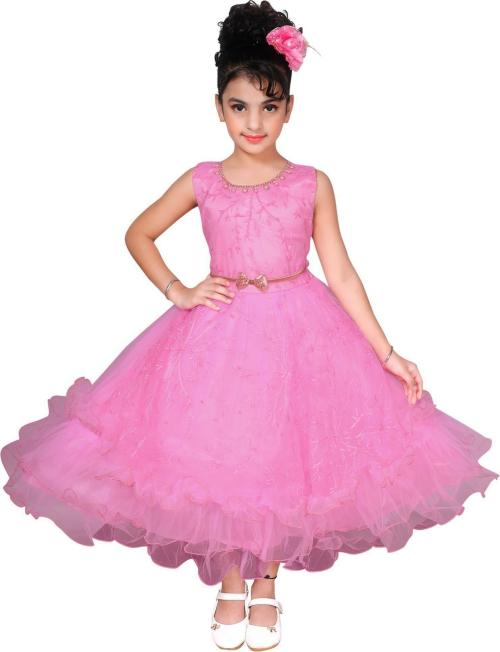 Buy Sky Heights Girl's Net A-Line Maxi Dress Belt Pink Frock Online at ...