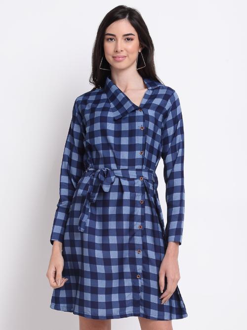 Buy Enchanted Drapes Blue Cheque Crepe Women's A-Line Dress Online at ...