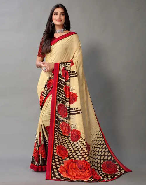 Buy Siril Georgette Brown Color Saree with Blouse piece | sarees for ...