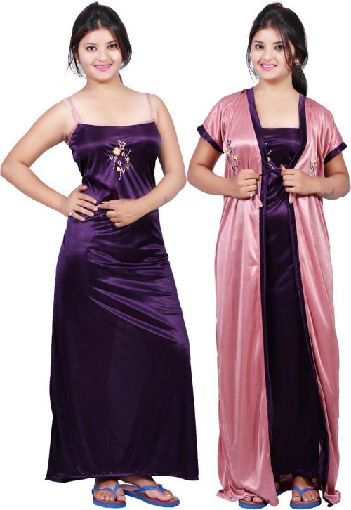 Buy Loody'S Women Beige Embroidered Satin Set Of 2 Nighty With Robe ...