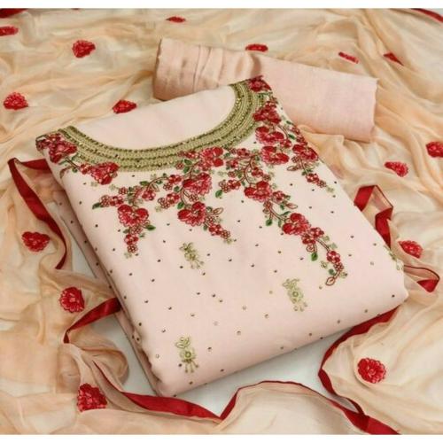 Buy GURHAL Embroidered Georgette Unstitched Dress Material Peach Online ...