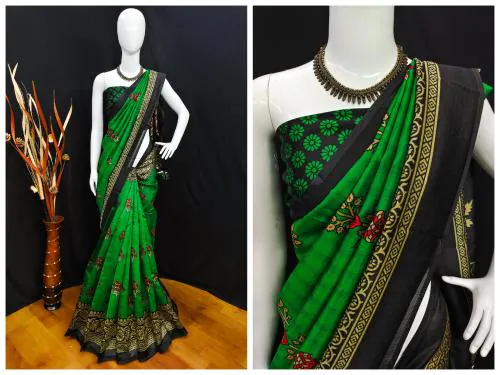 Buy Kashvi Saree Women Green Self Design Pattern Georgette Single Saree ...