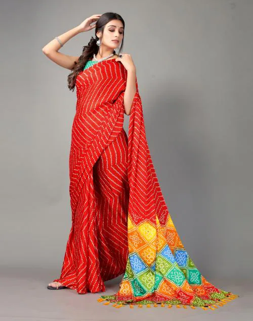 Buy Siril Women'S Red Bandhani Printed With Tassel Border Traditional ...