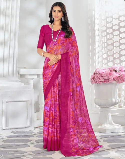 Buy Siril Chiffon Magenta Color Saree with Blouse piece Online at Best ...