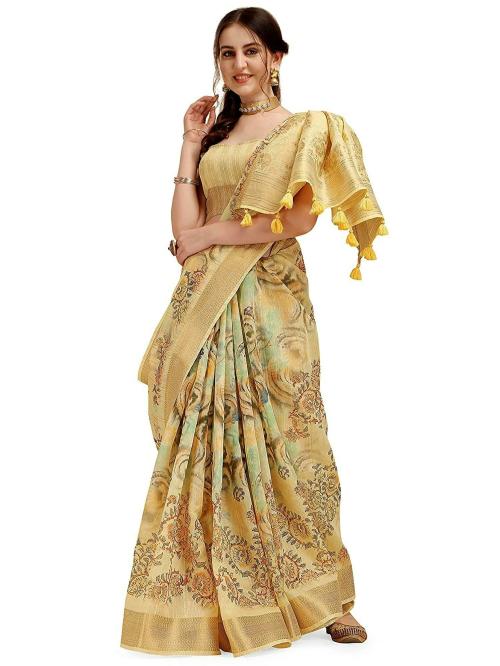 Buy Dungrani Yellow Floral Cotton Silk Women Saree With Blouse Pic ...